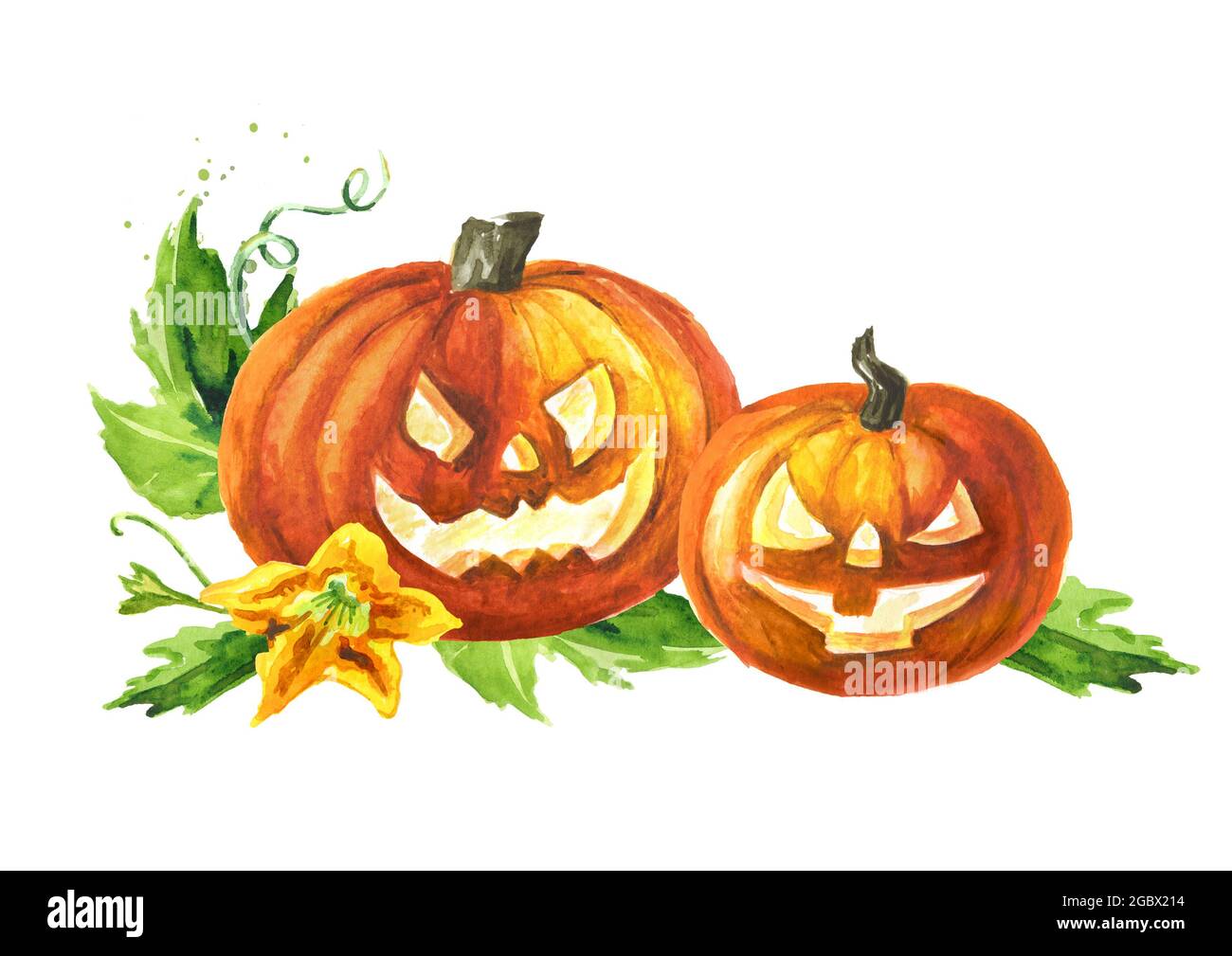 Halloween pumpkins, head jack lantern. Hand drawn watercolor ...