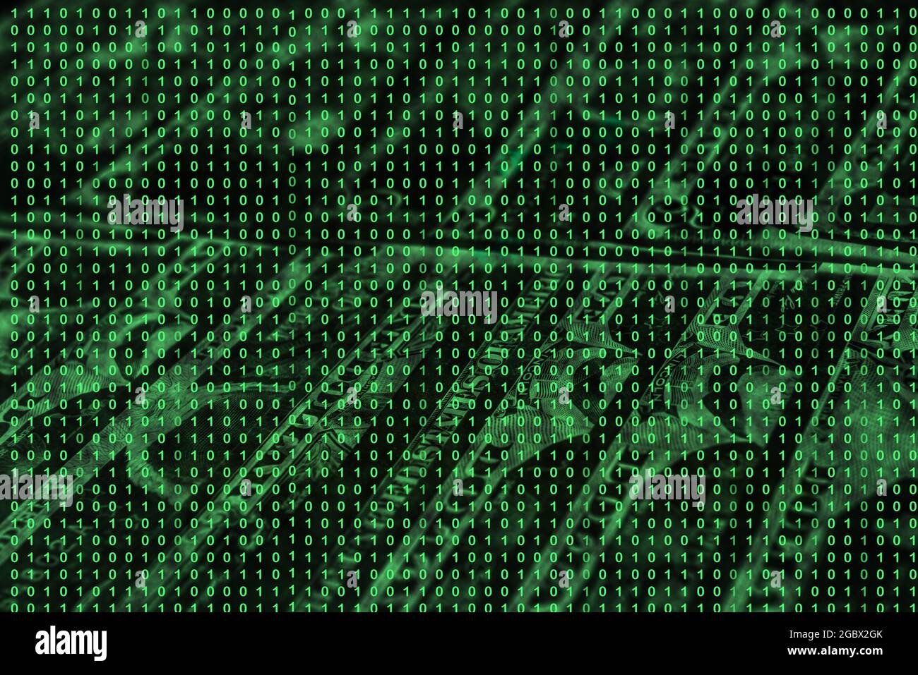 binary code grid from bright green numbers on the background of dollar ...