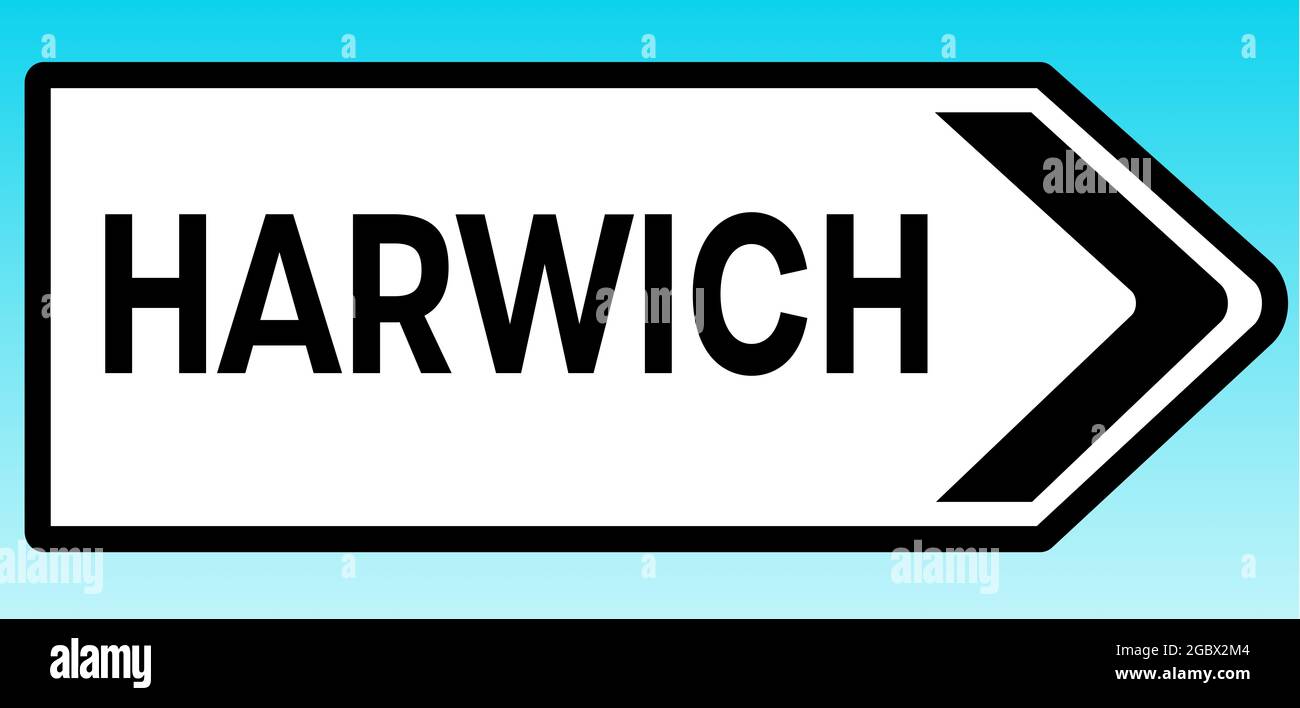 A graphic illlustration of a British road sign pointing to Harwich ...