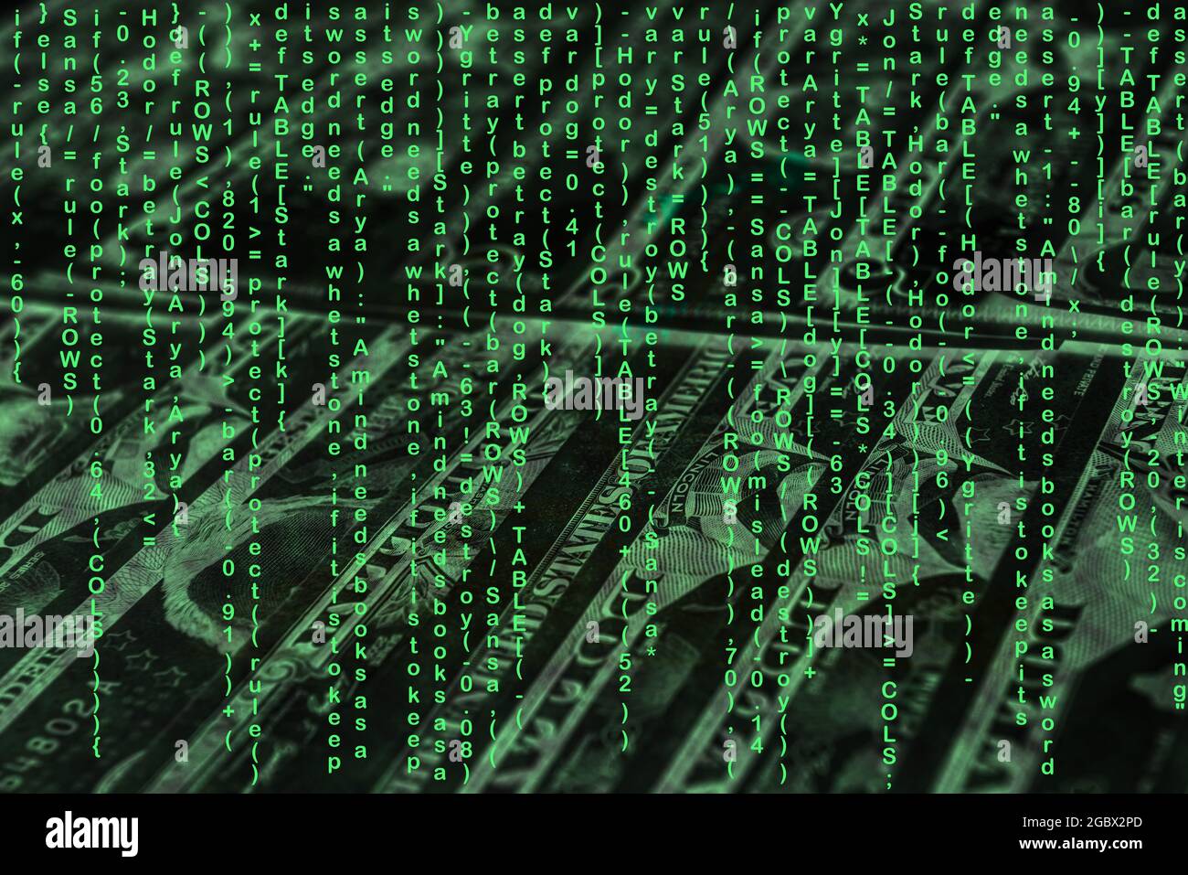 binary code grid from bright green numbers on the background of dollar ...