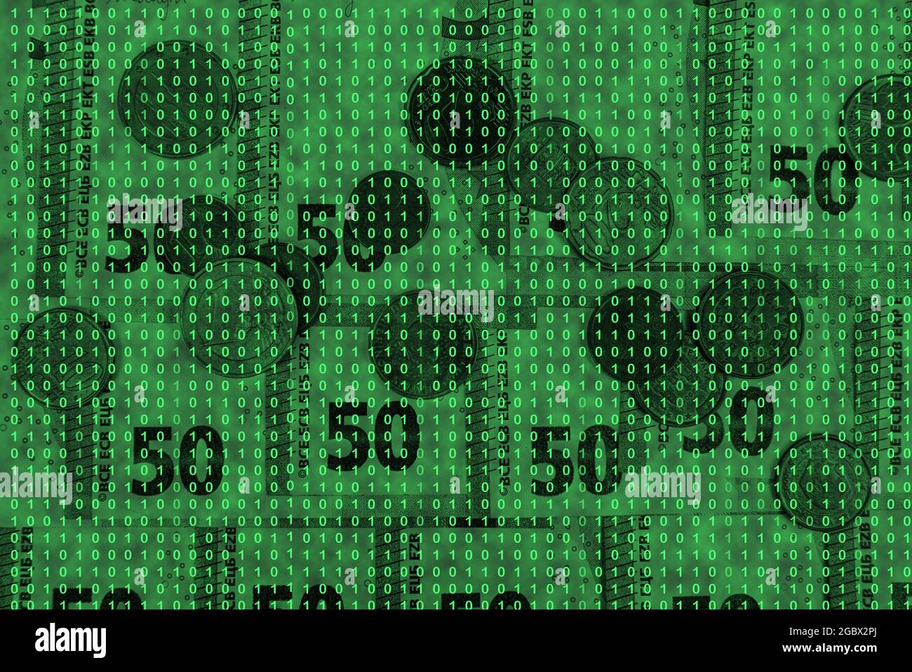 binary code grid from bright green numbers on the background of euro ...
