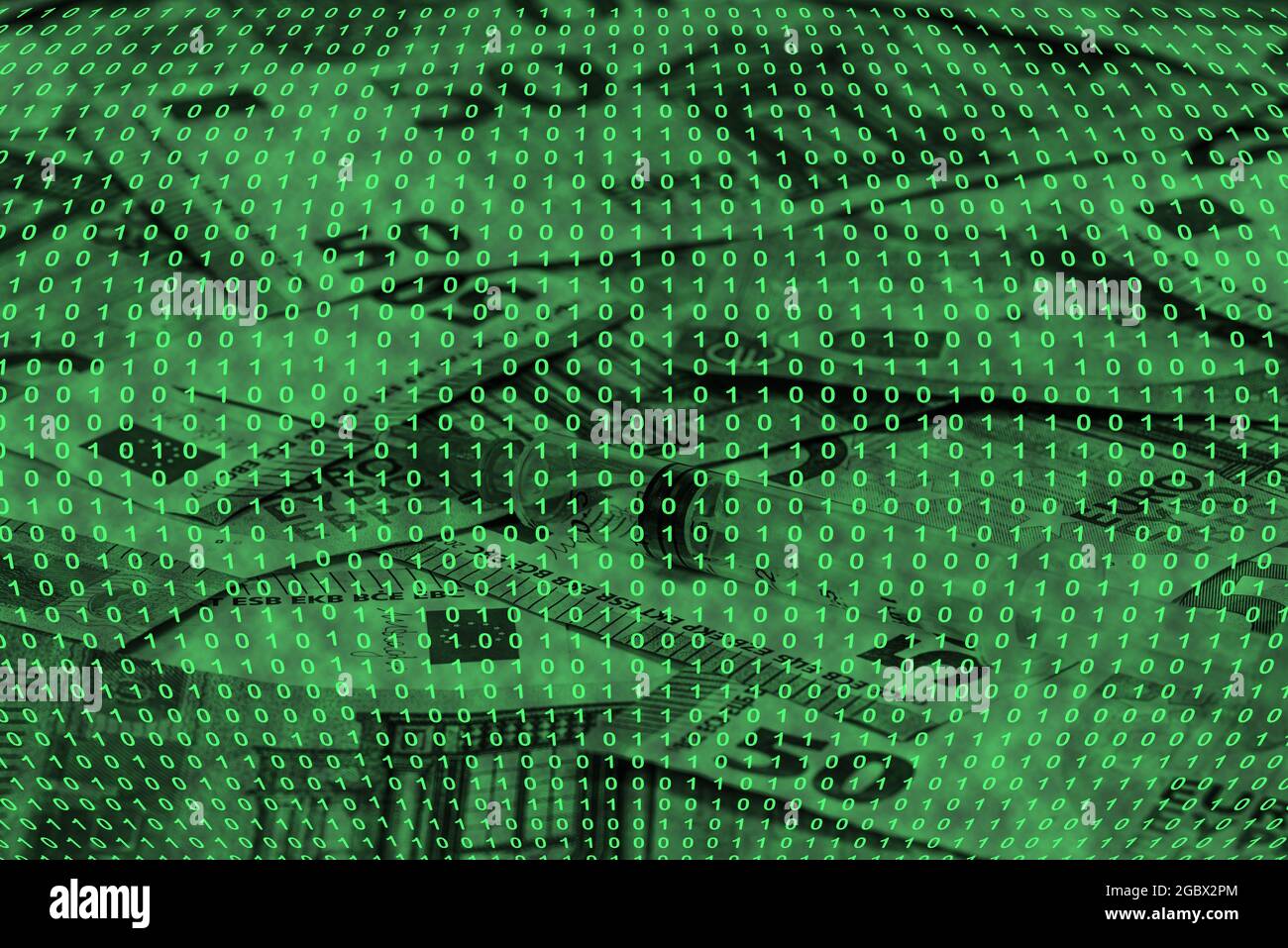 binary code grid from bright green numbers on the background of euro ...