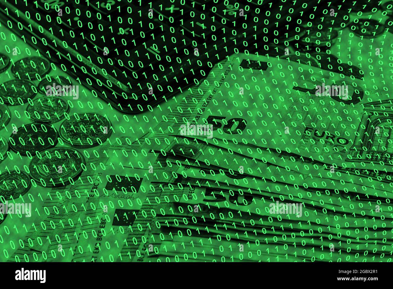 binary code grid from bright green numbers on the background of euro ...