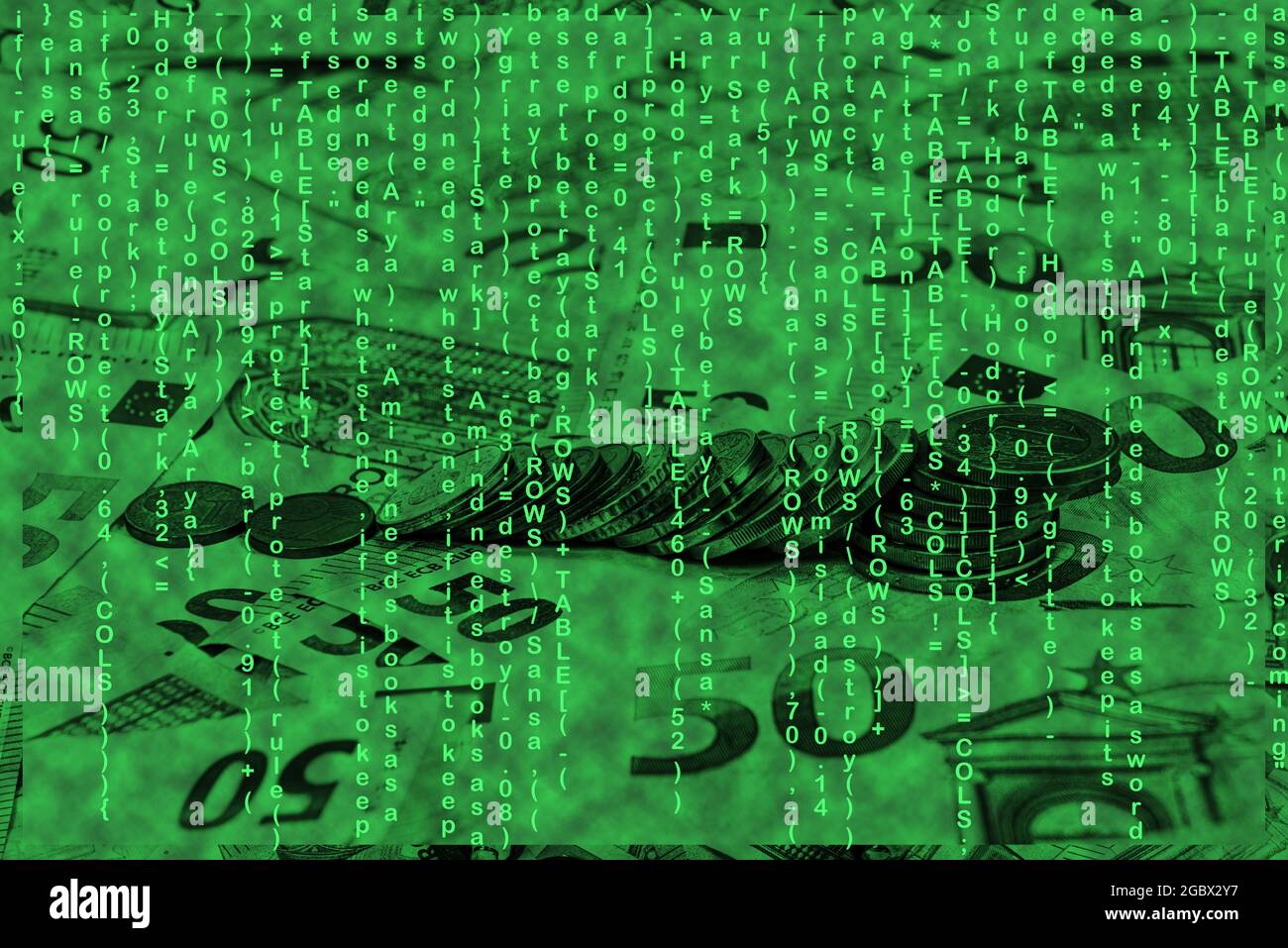 binary code grid from bright green numbers on the background of euro ...