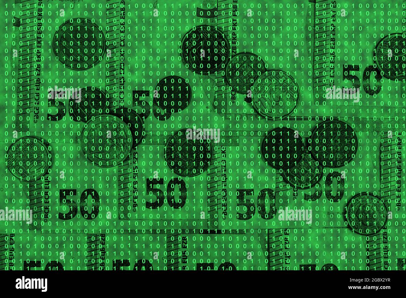 binary code grid from bright green numbers on the background of euro ...