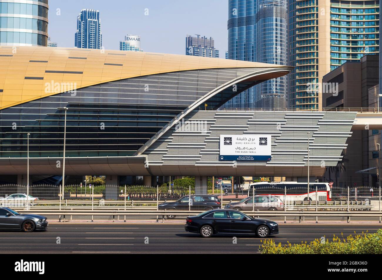 Dubai, UAE - 08.02.2021 Sheikh Zayed road, Dubai mall metro station ...