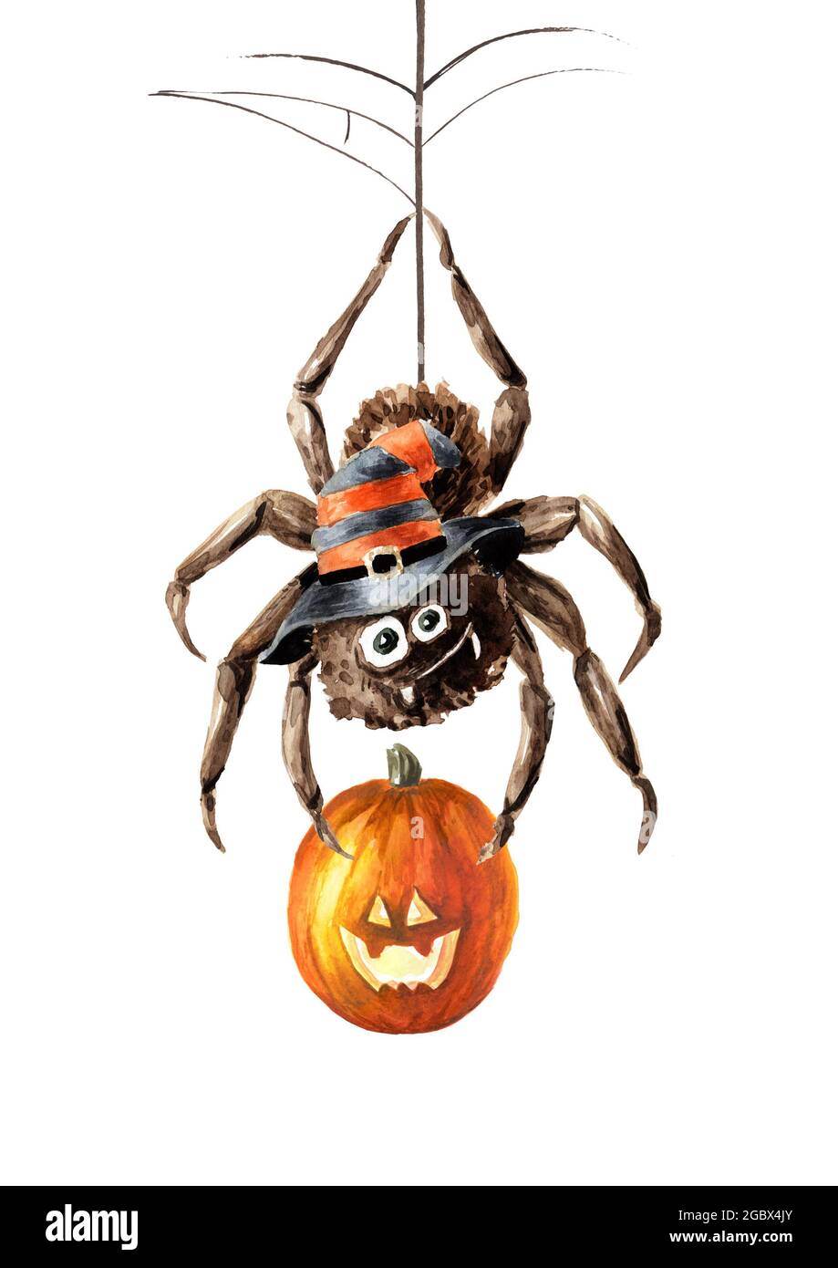 Spider hanging on a web with pumpkin in the legs. Happy Halloween card ...