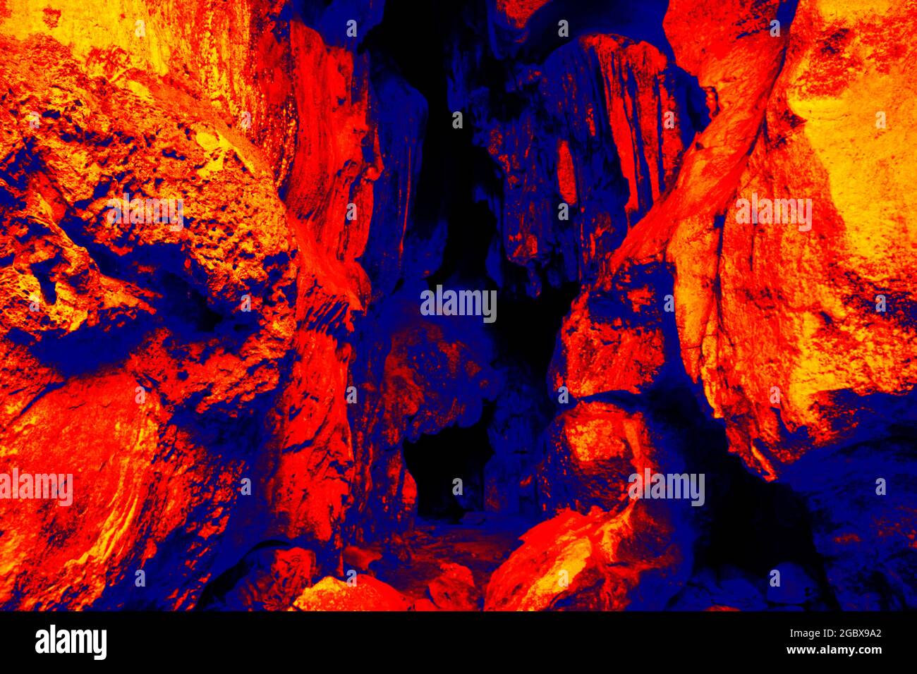 Dark cave, mysterious subterranean infrared. Thermal imager used Stock ...