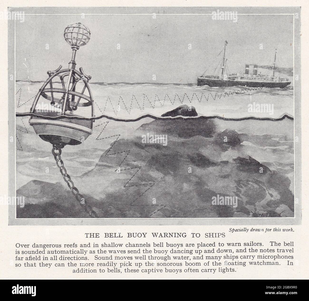 Vintage illustration of a Bell Buoy warning ships 1900s Stock Photo - Alamy