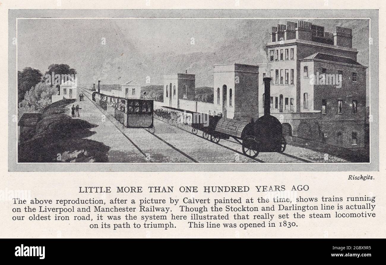 Vintage illustration of early steam locomotives running on the ...