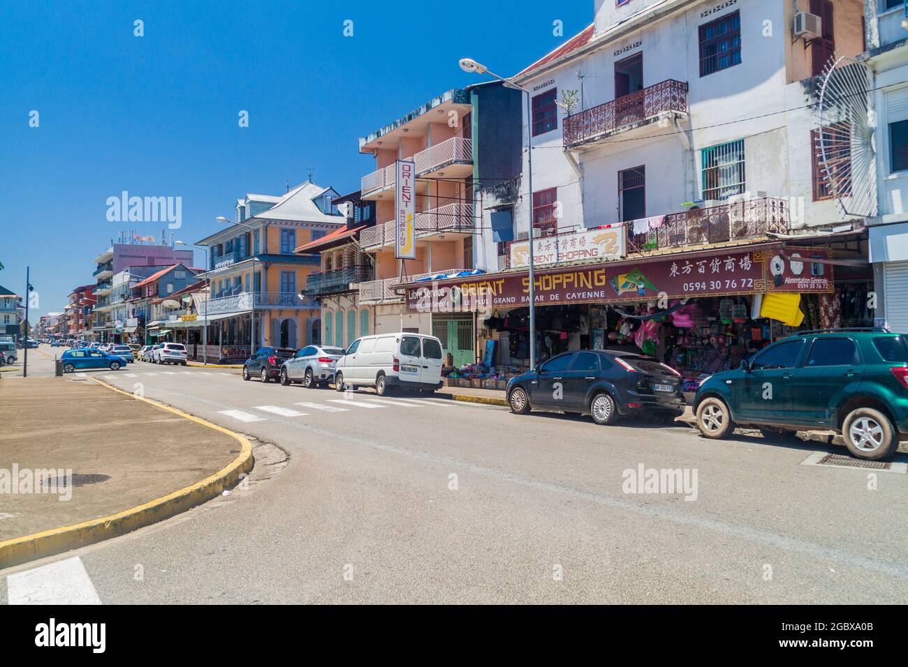 CAYENNE, FRENCH GUIANA - AUGUST 3, 2015: View of a street in the center ...