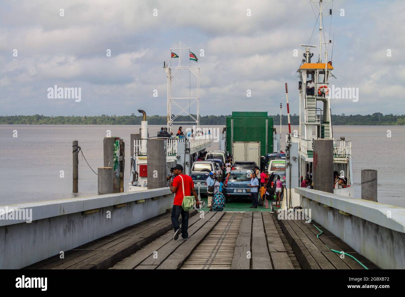 SOUTH DRAIN, SURINAME - AUGUST 9, 2015: Ferry crossing Corantijn ...