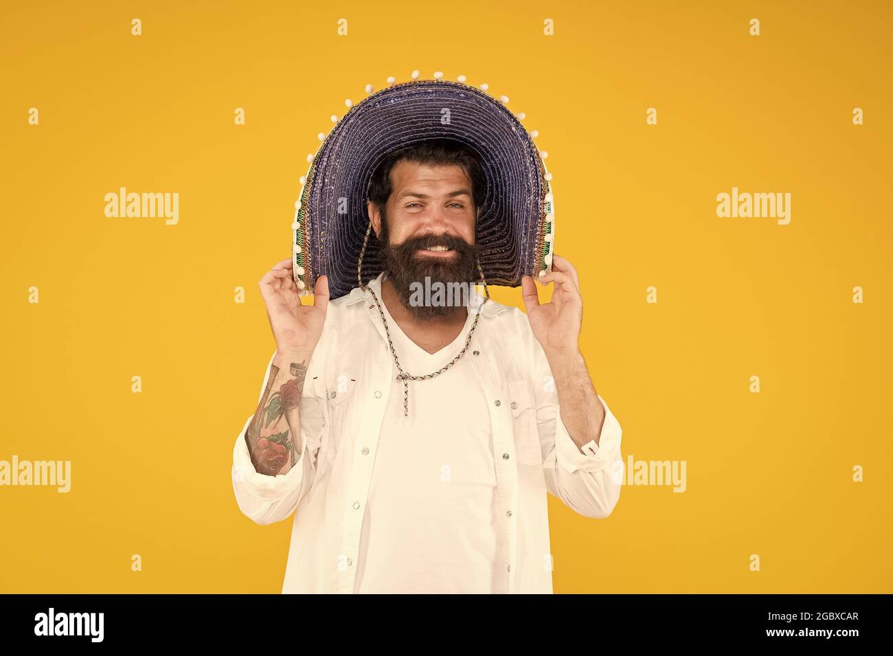 National holidays. Mexican hat sombrero. Guy happy festive outfit ...