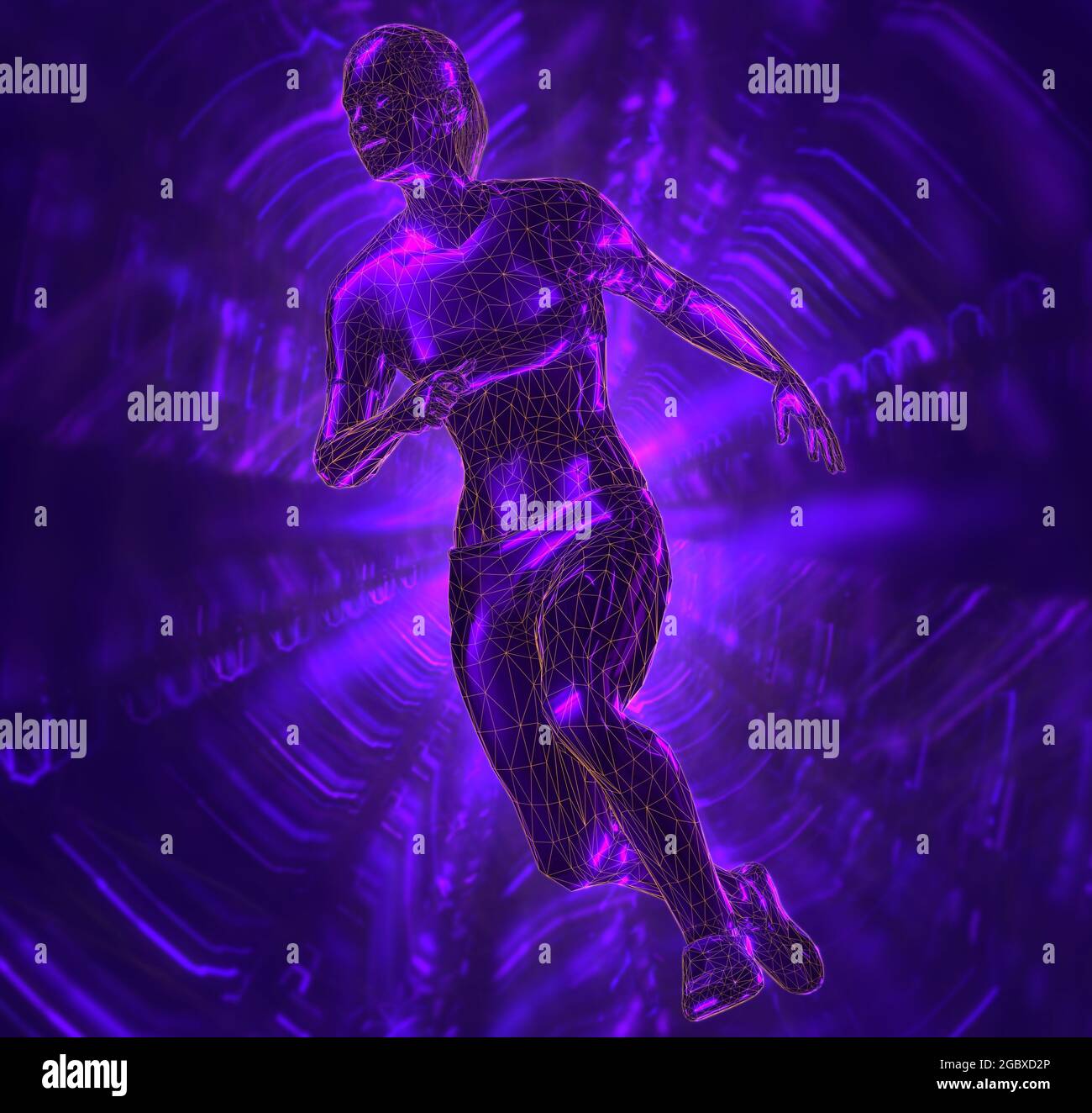 3D rendering of a silver jogger sculpture trophy medal on a purple ...