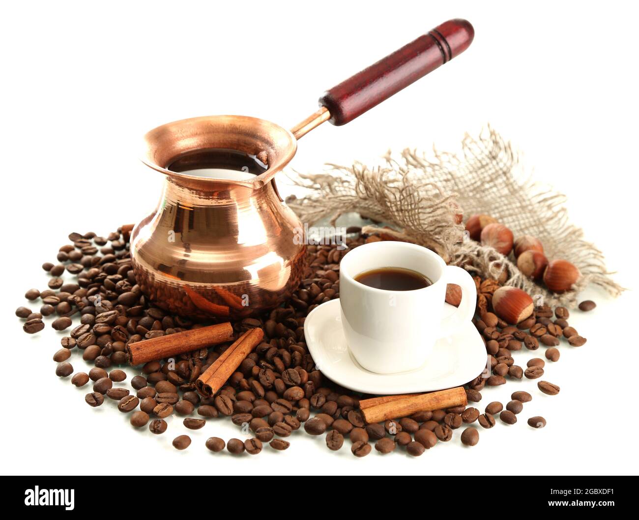 Cup and pot of coffee and coffee beans, isolated on white Stock Photo ...