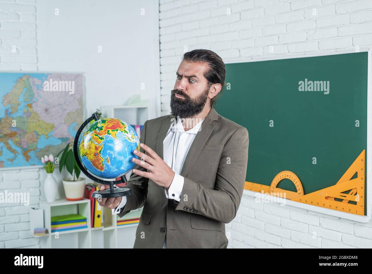 mature bearded teacher with beard and moustache wear suit in school ...