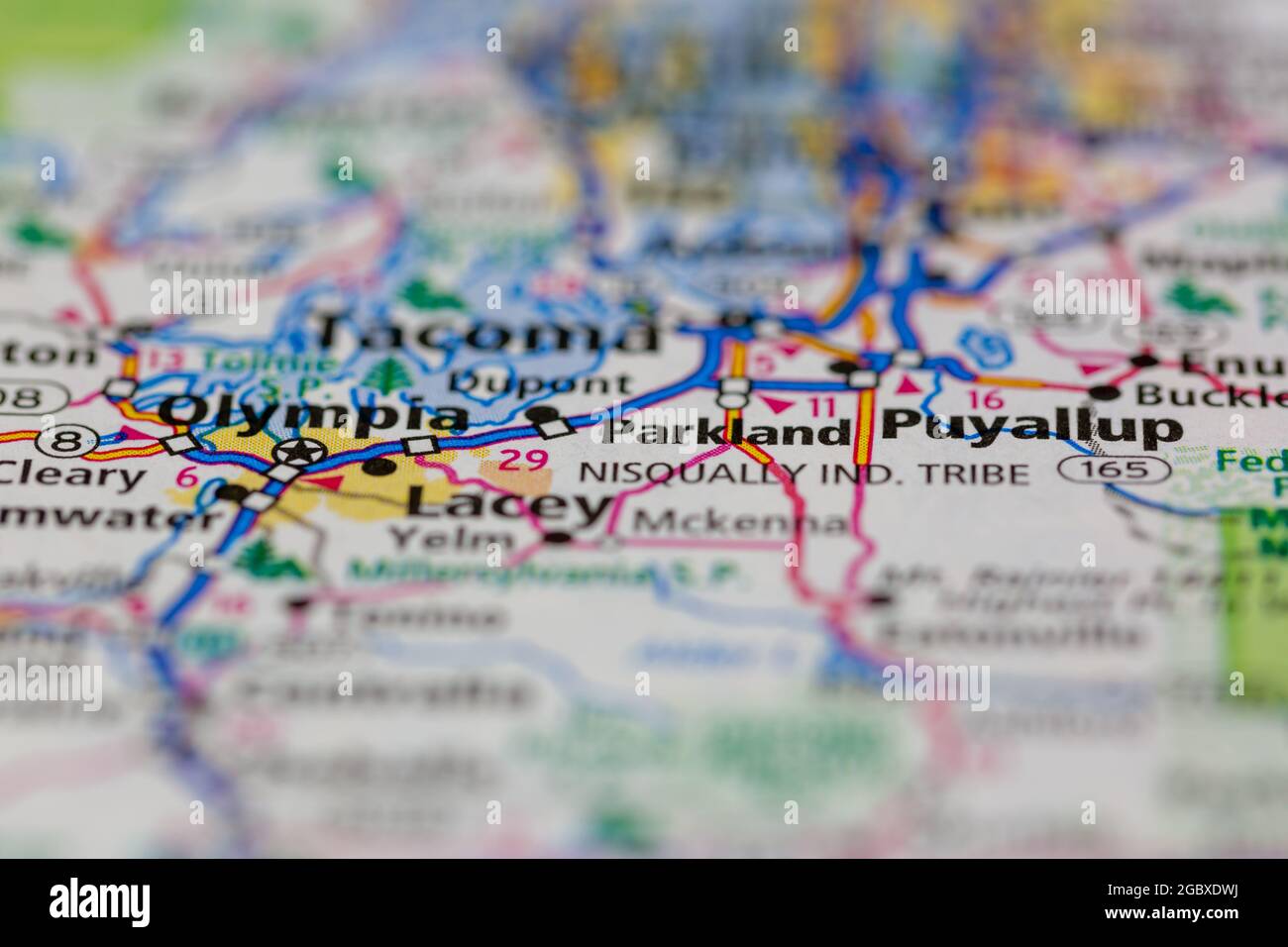 Parkland Washington State USA shown on a road map or Geography map ...