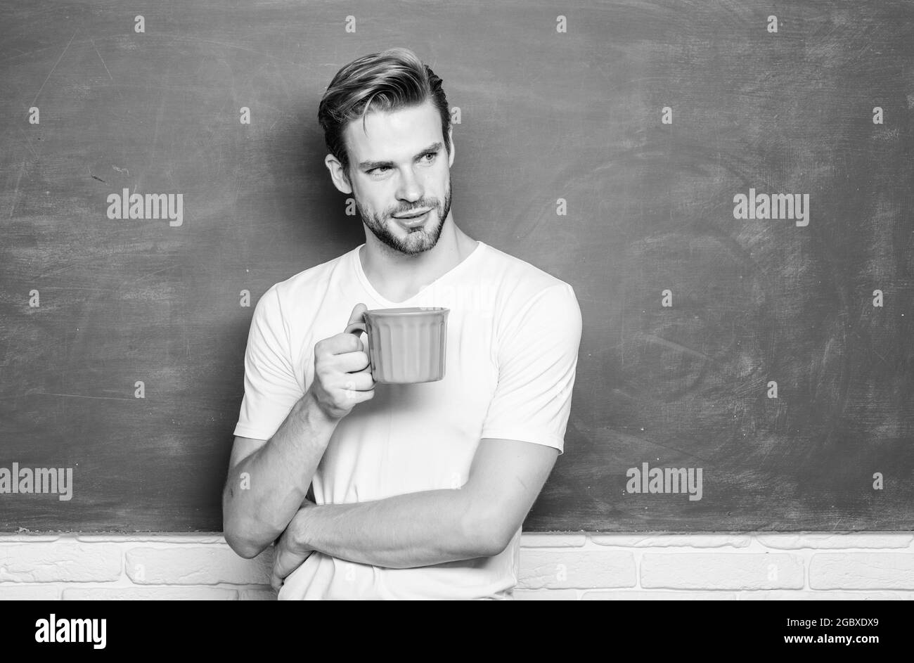 Good morning. Handsome man enjoy hot coffee. Coffee addicted. Inspiring ...
