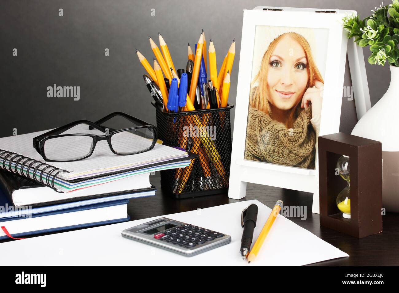 White photo frame on office desk on grey background Stock Photo - Alamy
