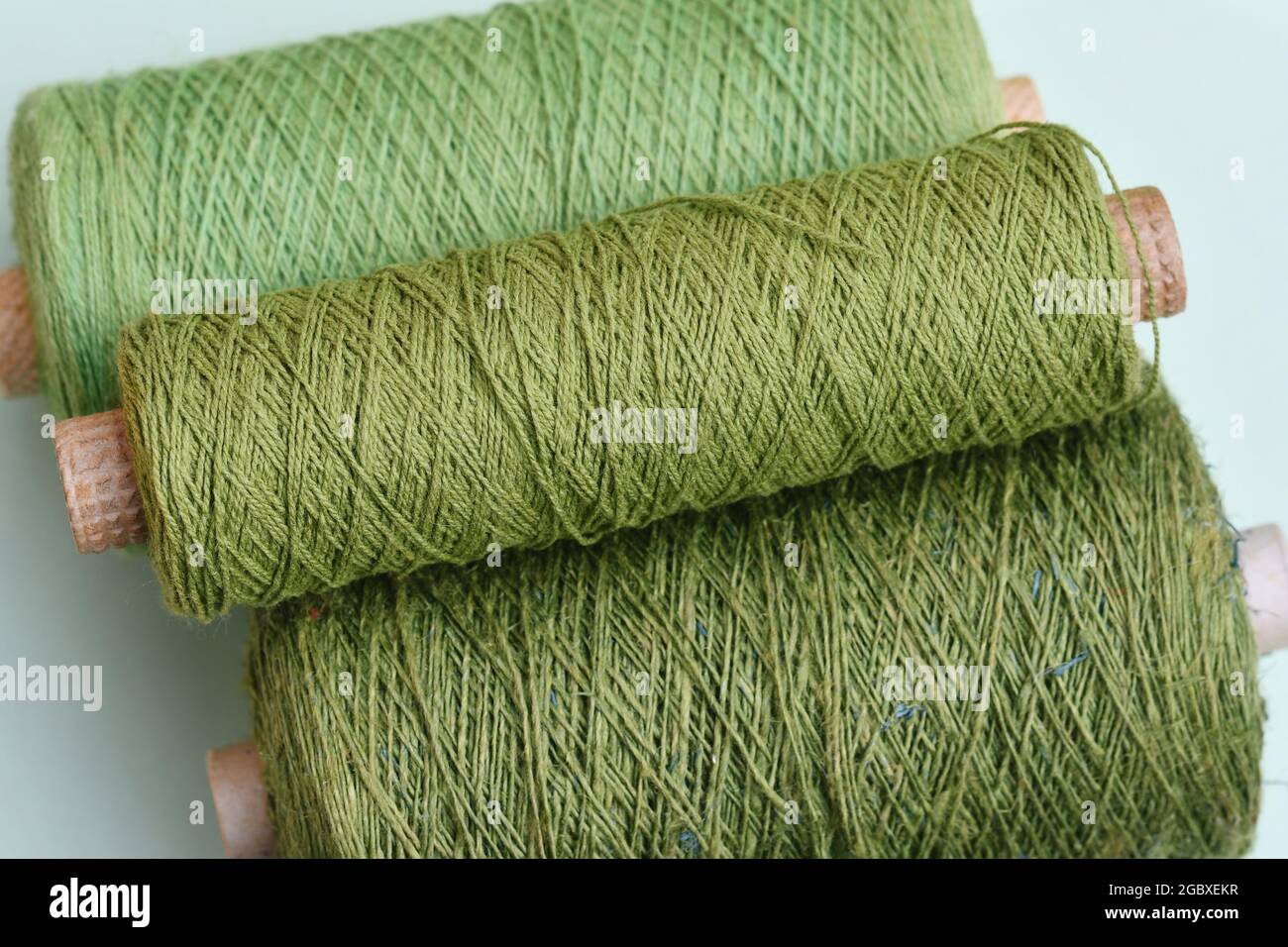Photo of threads in different shades of green on bright background ...