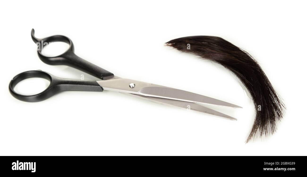 Pieces of hair cut with scissors isolated on white Stock Photo - Alamy