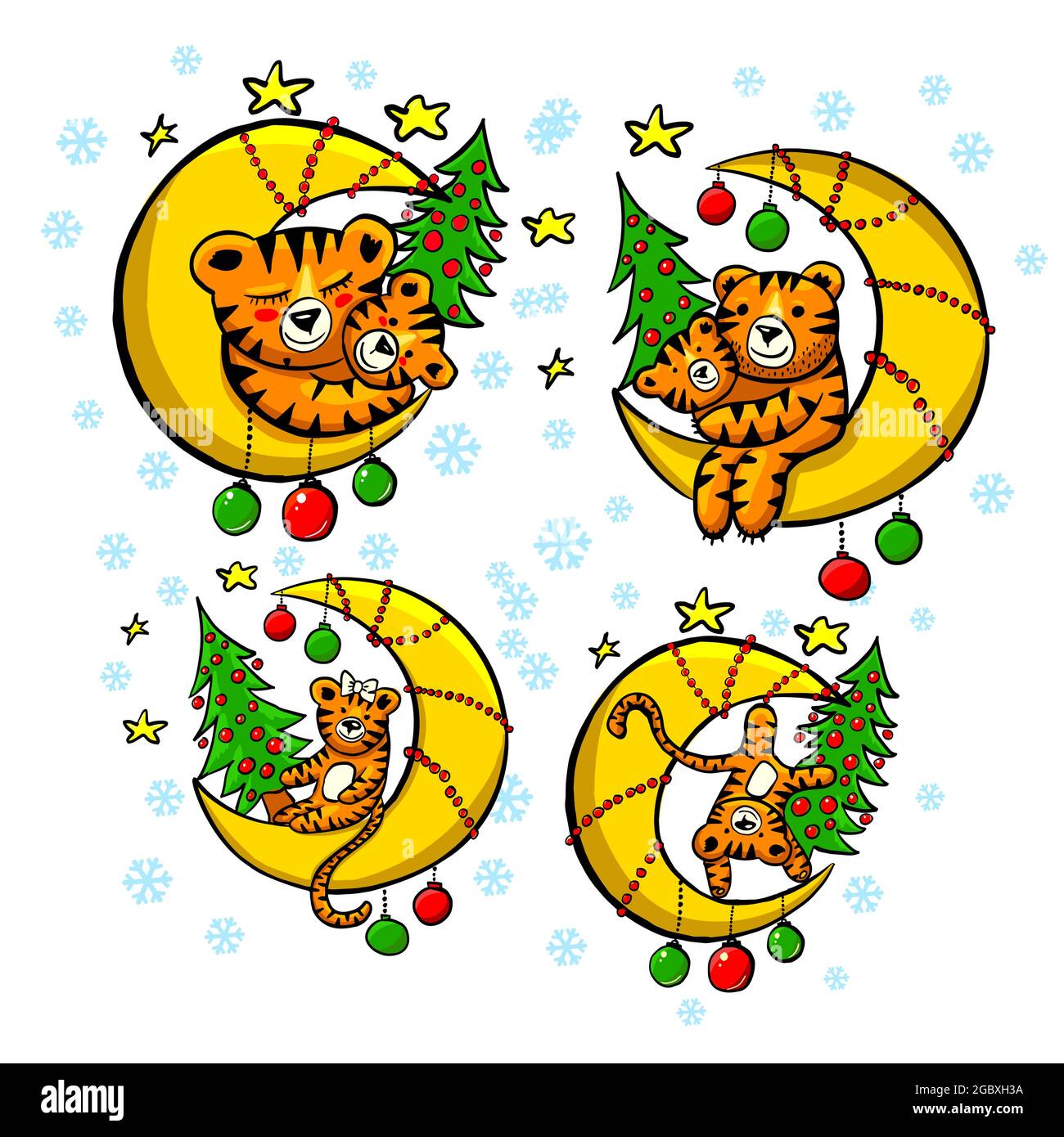 A cheerful tiger family. Christmas card. Tiger with a Christmas tree ...
