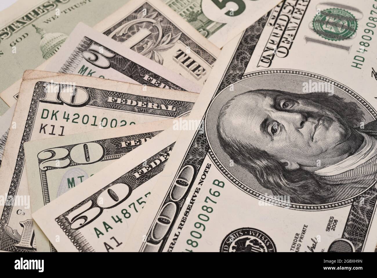 In this photo illustration, 1, 5, 10, 20, 50 & 100 American dollar ...