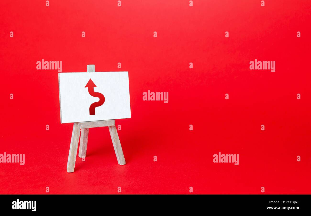 An easel with a curved arrow avoiding an obstacle. Deviation from route ...