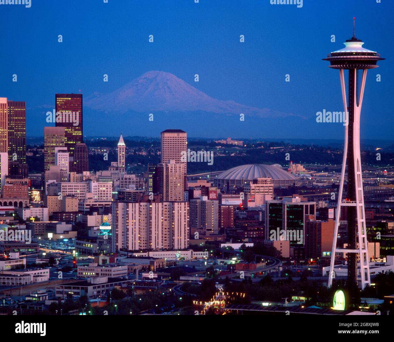 1970s SPACE NEEDLE AND KING DOME MT. RAINIER IN BACKGROUND EVENING ...