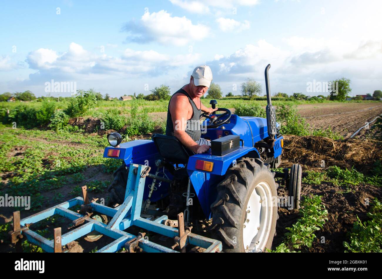 The farmer works in the field with a tractor. Agroindustry and ...