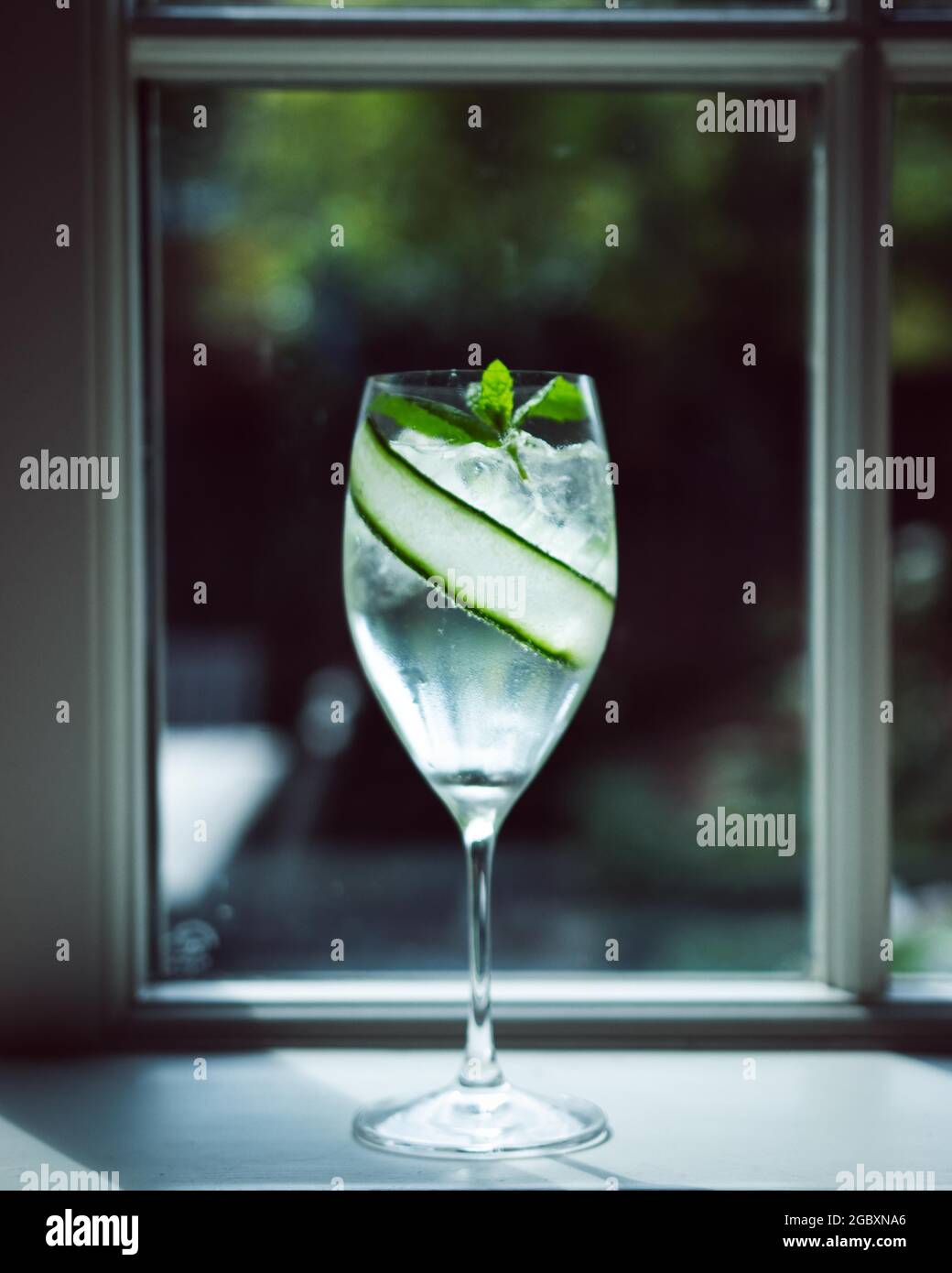 Vertical shot of a glass of fresh gin and tonic with cucumber on the ...