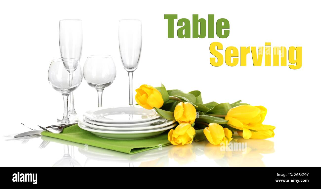 Yellow tulips and utensils for serving isolated on white Stock Photo ...