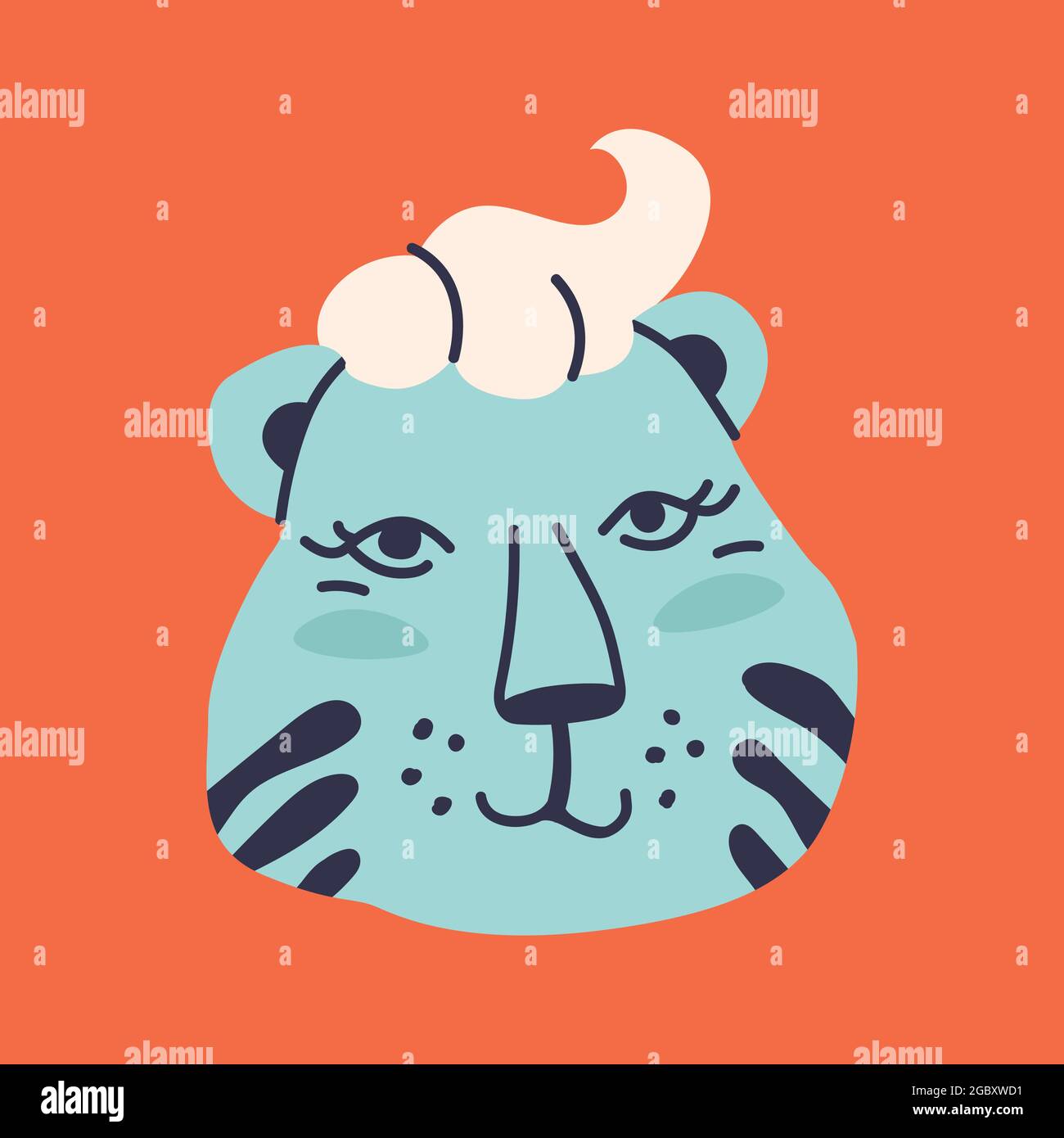 Cute tiger head. Color drawing, blue tiger cub with white bangs ...