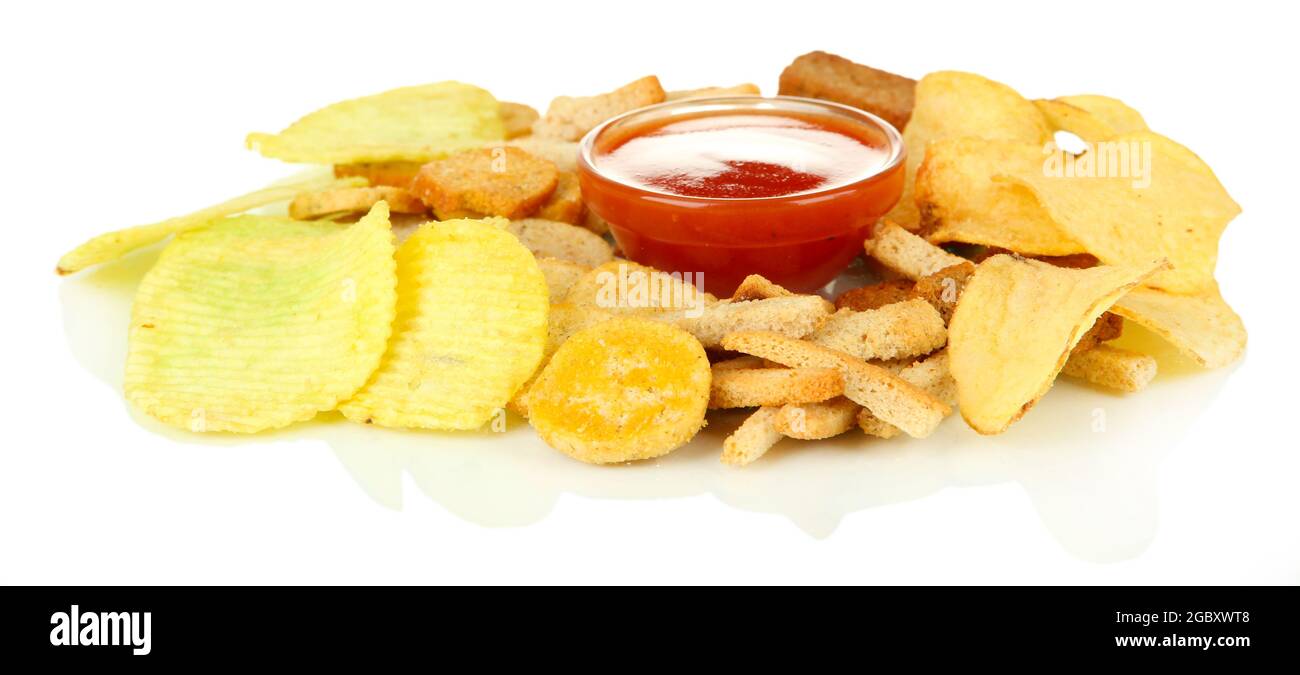 Different kinds of snacks and sauce, isolated on white Stock Photo - Alamy