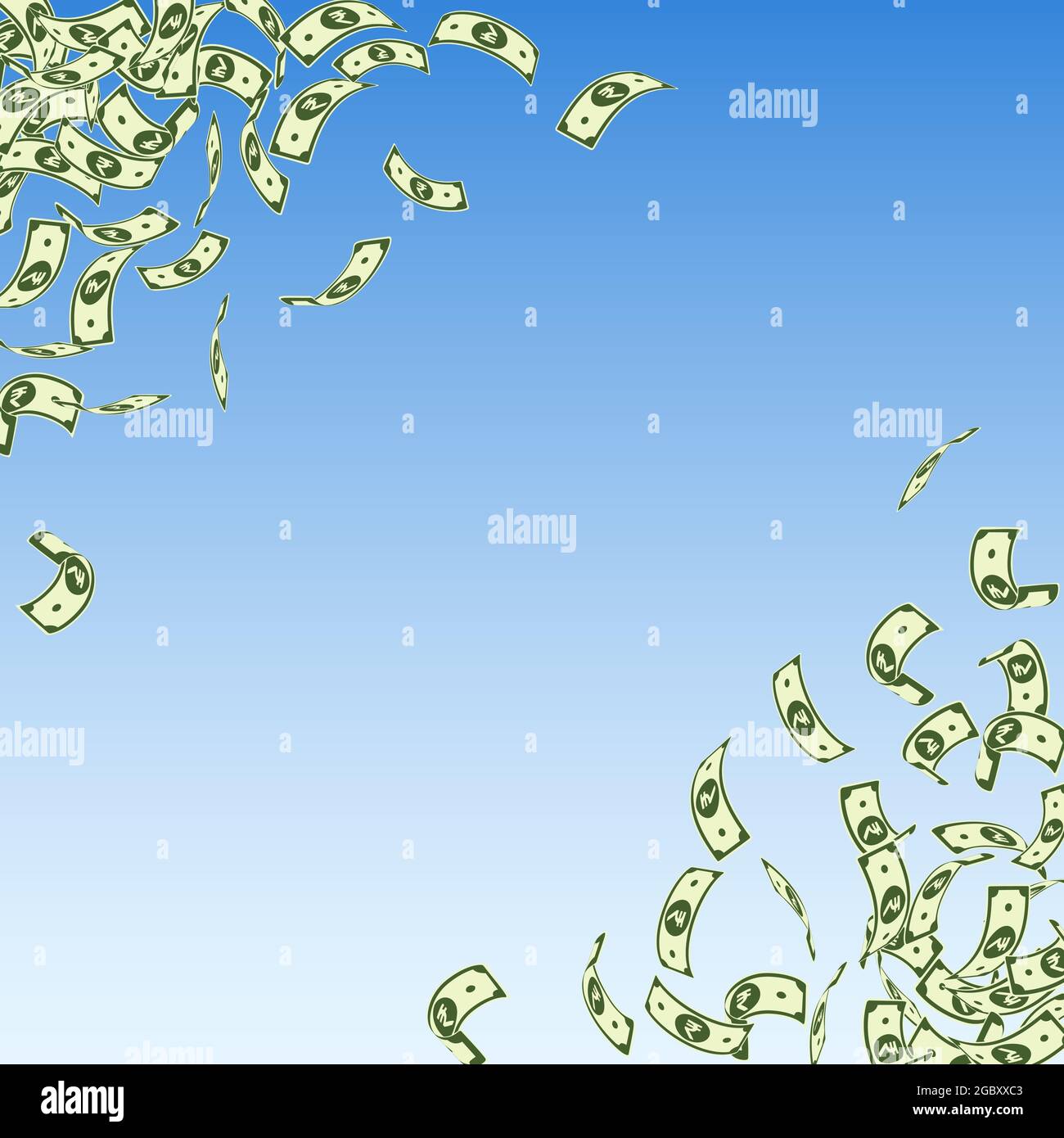 Indian rupee notes falling. Small INR bills on blue sky background ...