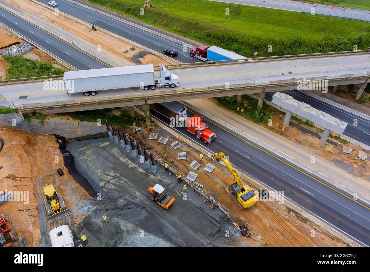 Repair site on the under renovation bridge with road under construction ...