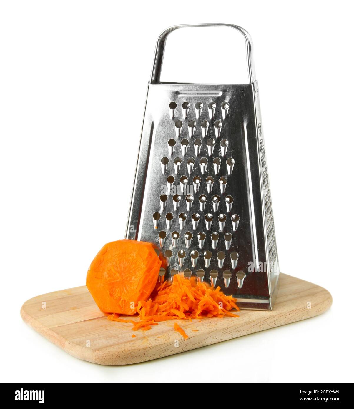 Metal grater and carrot on cutting board, isolated on white Stock Photo ...