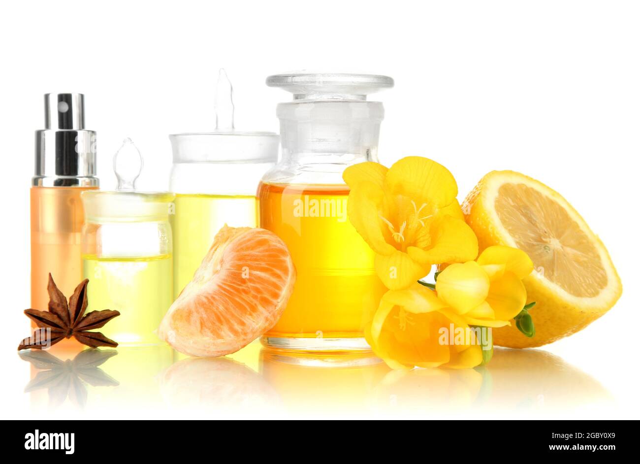 Bottles with ingredients for the perfume, isolated on white Stock Photo ...