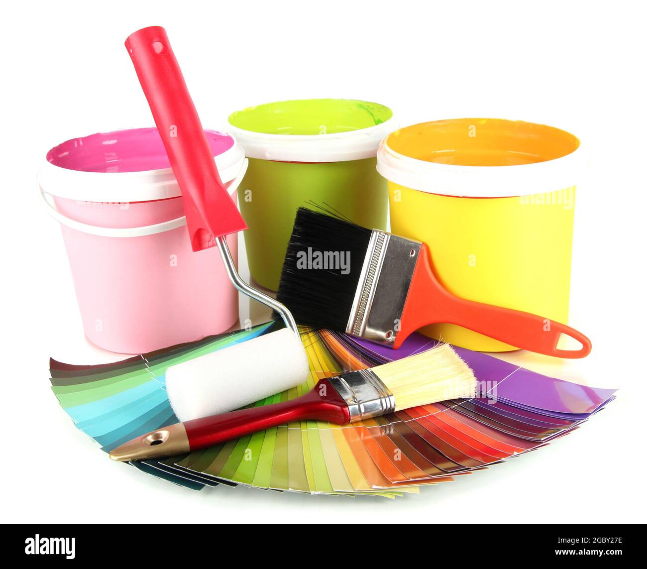 Paint pots, paintbrushes and coloured swatches close up Stock Photo - Alamy