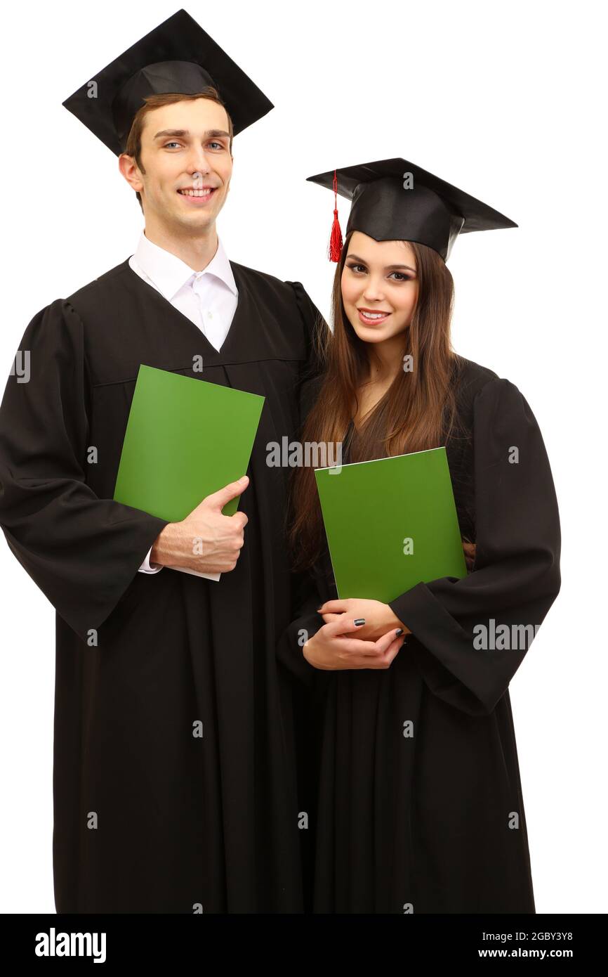 Two happy graduating students holding graduation certificate isolated ...