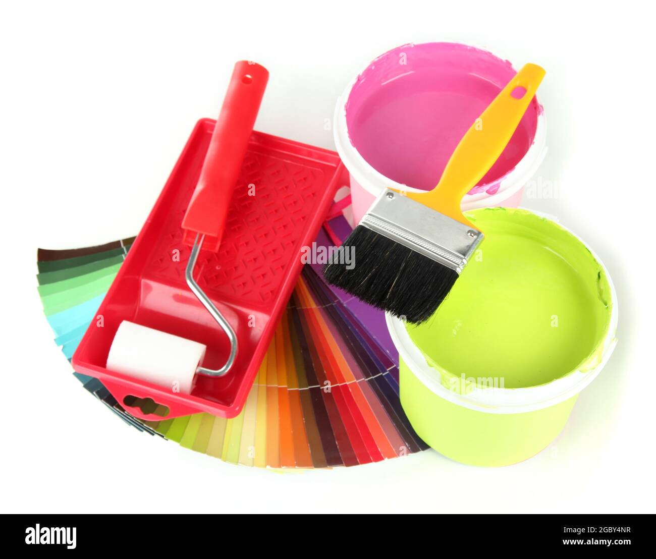 Set for painting: paint pots, brushes, paint-roller and palette of ...