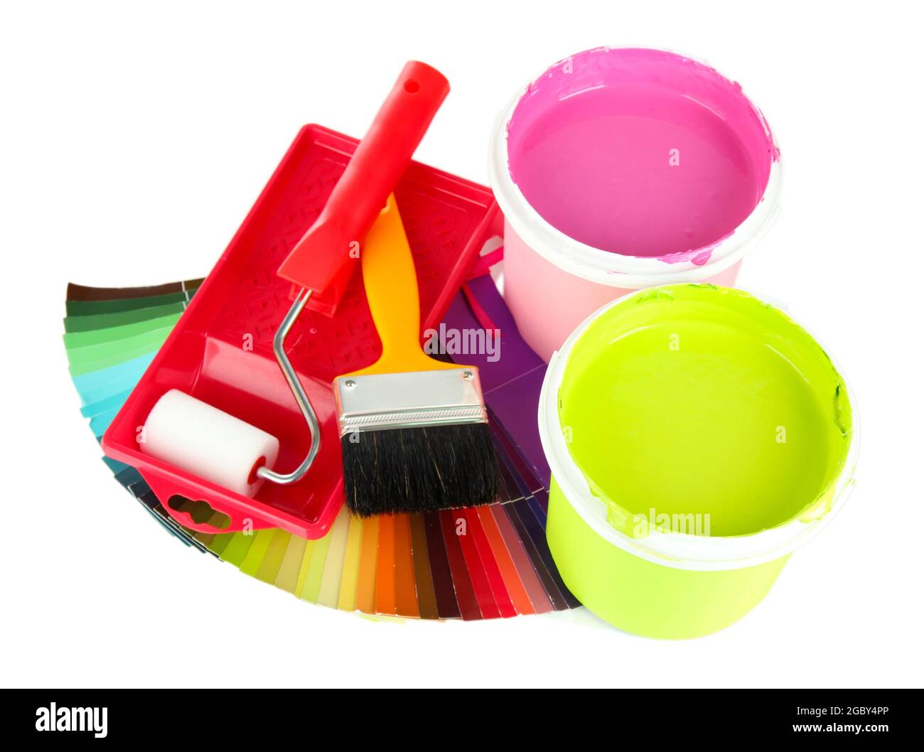 Set for painting: paint pots, brushes, paint-roller and palette of ...