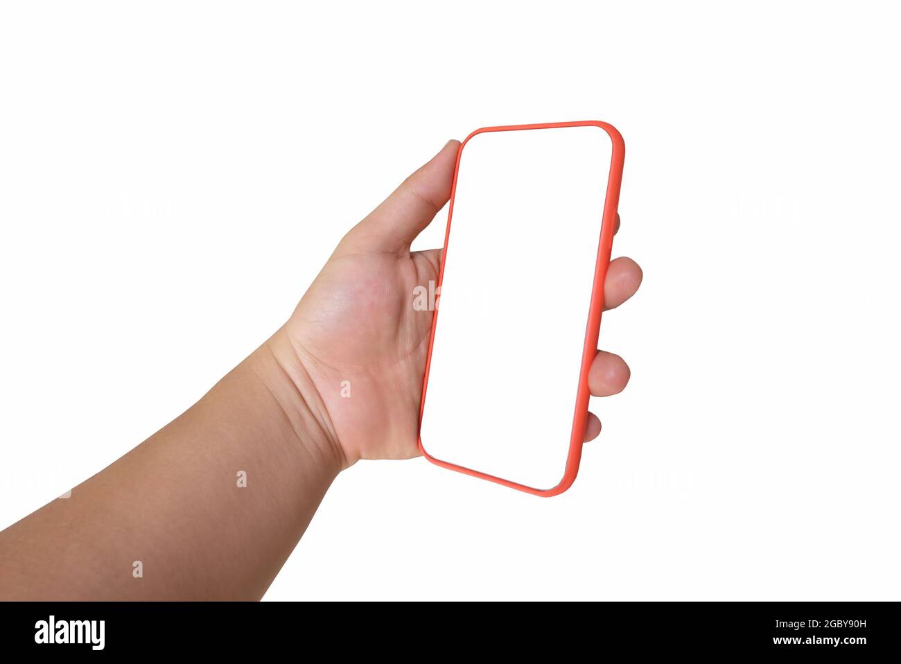 Hand of man hold a blank smartphone isolated on white background and ...