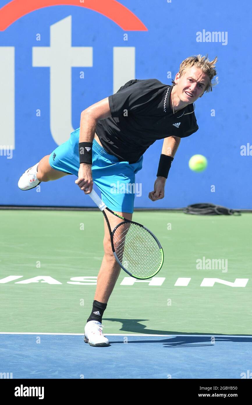 Washington, D.C, USA. 5th Aug, 2021. SEB KORDA hits a serve during his ...