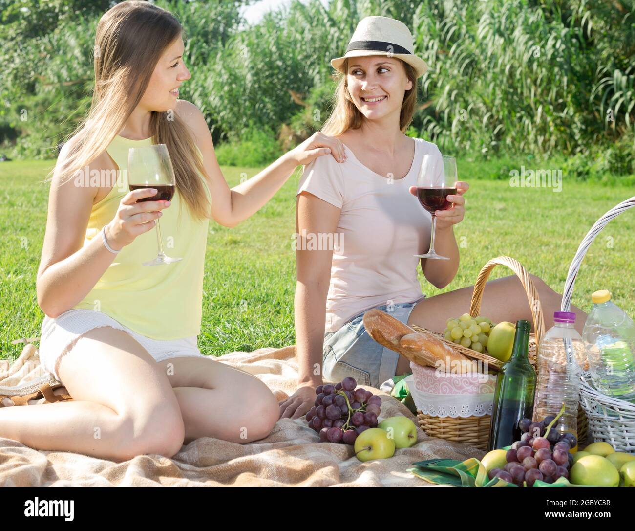Two young women enjoying wine and conversation on picnic outdoors Stock ...