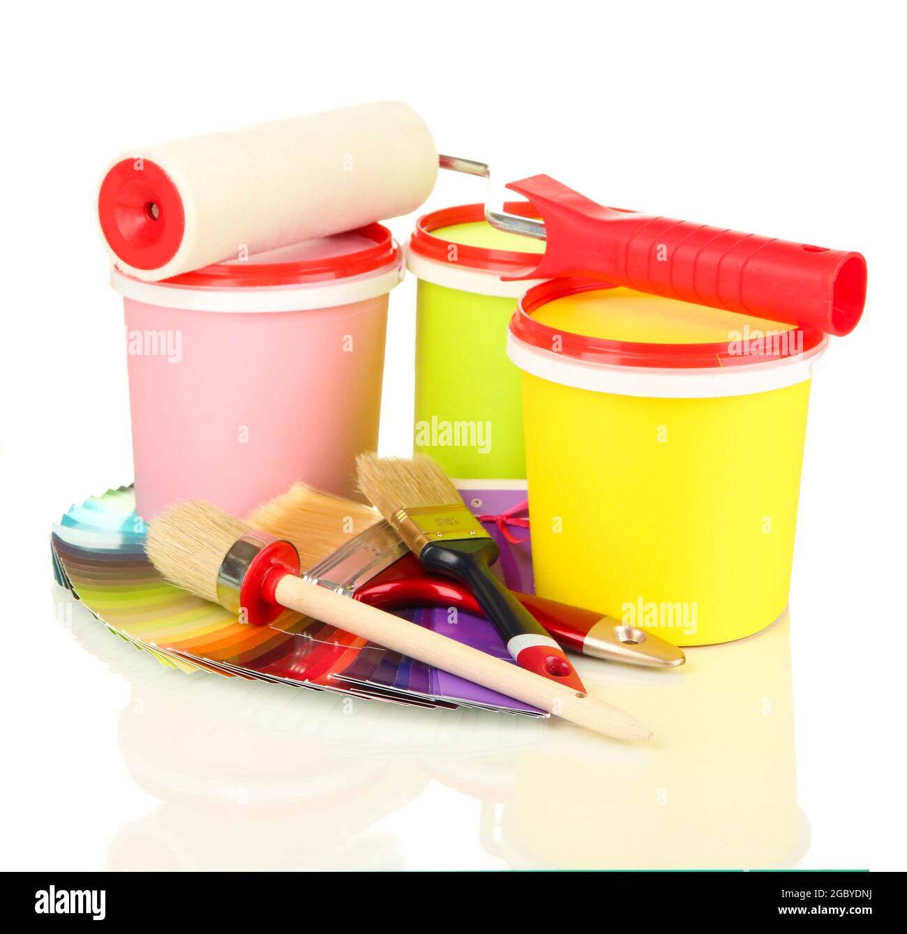 Set for painting: paint pots, brushes, paint-roller, palette of colors ...