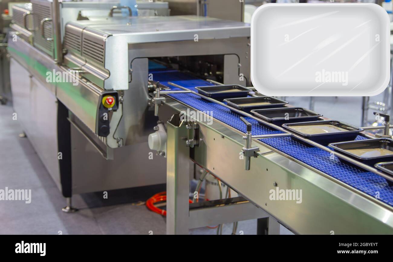 Linear tray food container heat sealing machine. Food industry Stock ...