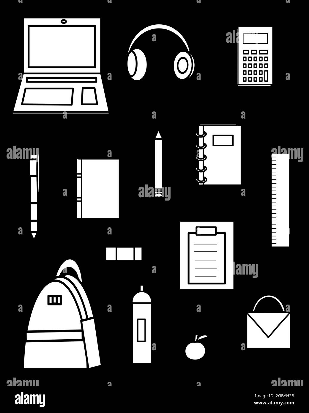 Supplies for school on black background. Vector icon line symbol Stock ...