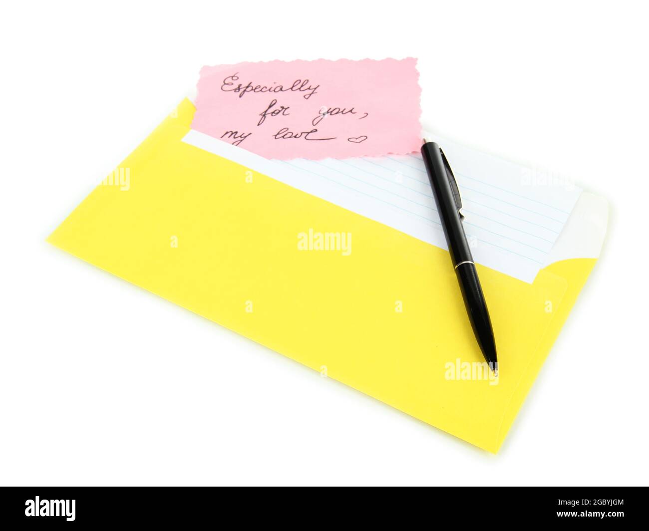 Note in envelope with pen isolated on white Stock Photo - Alamy