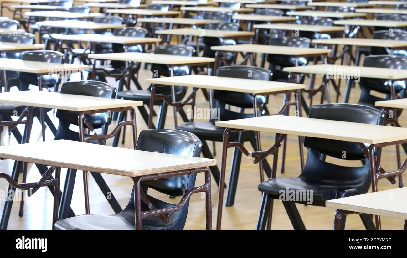 Multiple empty examination tables set up ready for Yr12 or Form 6 ...
